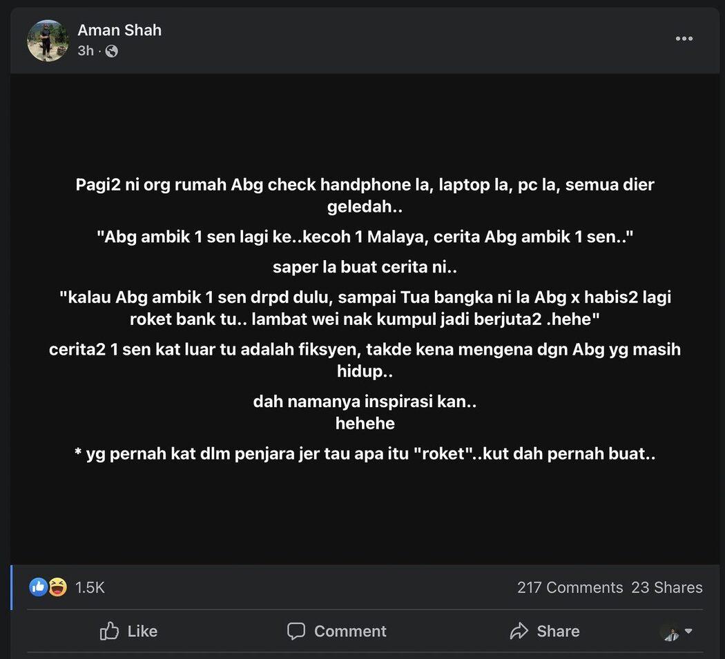 Aman Shah Jawab Dakwaan Filem One Cent Thief Adalah Kisah Tentang Dia Aman Shah Jawab Dakwaan Filem One Cent Thief Adalah Kisah Tentang Dia