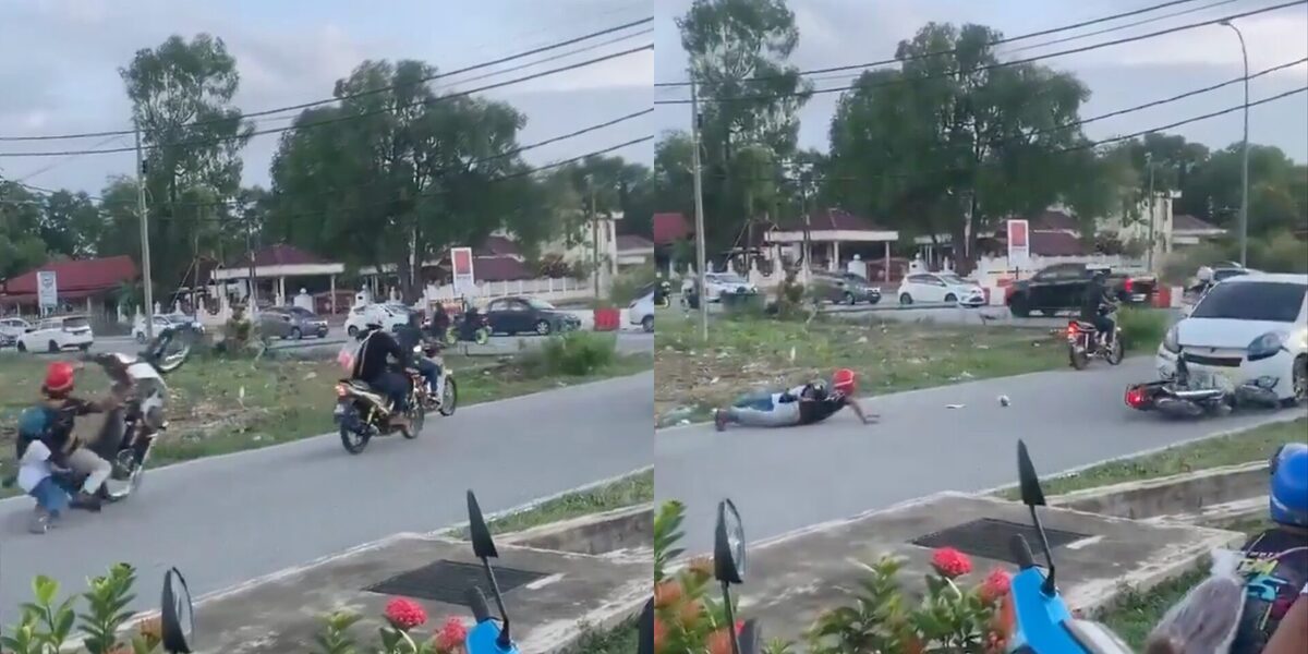 Pasangan Remaja Tunjuk Lagak 'Wheelie' Terjatuh, Motosikal Rempuh Myvi Pasangan Remaja Tunjuk Lagak 'Wheelie' Terjatuh, Motosikal Rempuh Myvi